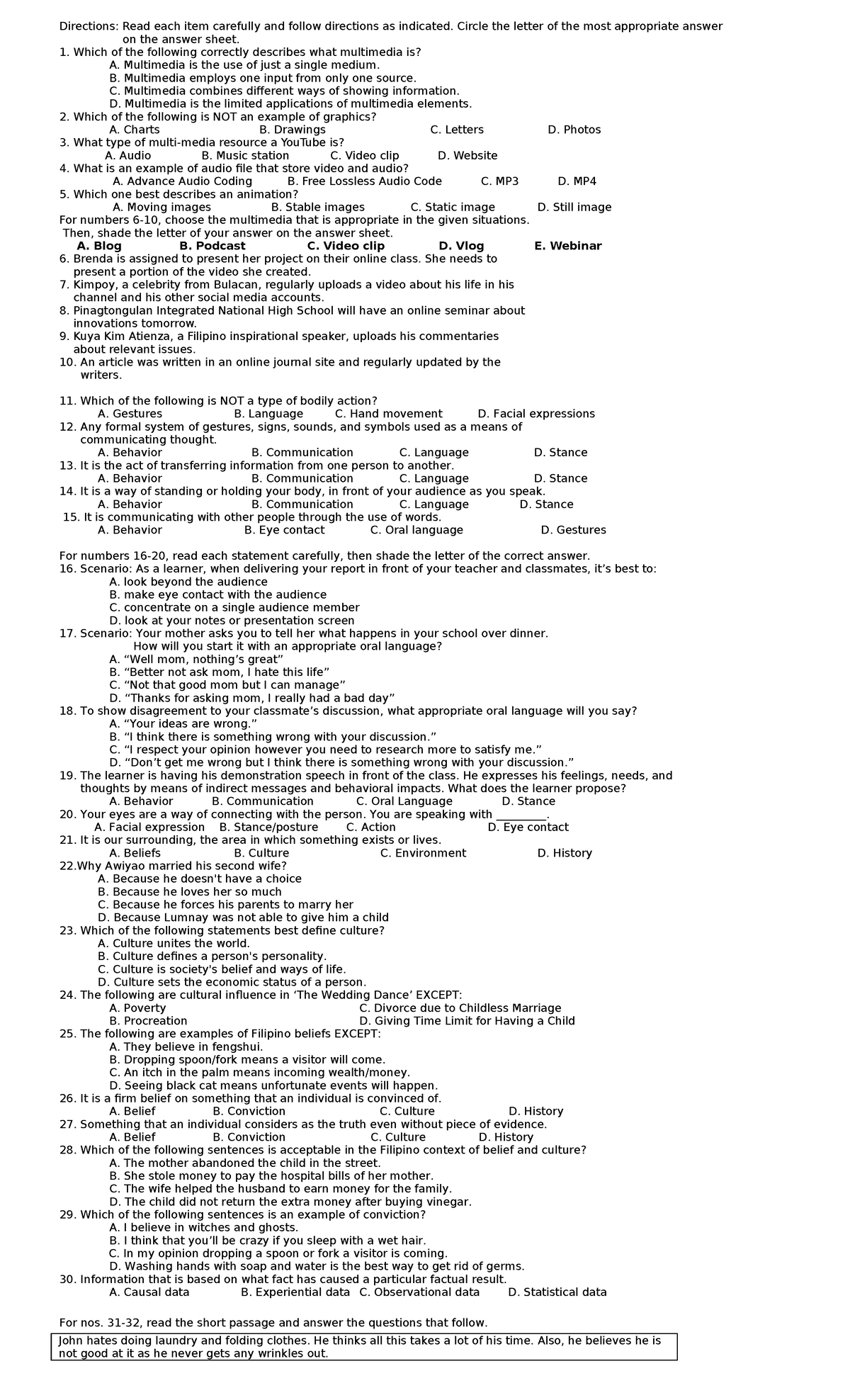 G7 Review TEST Q3 - test for summative - Directions: Read each item ...