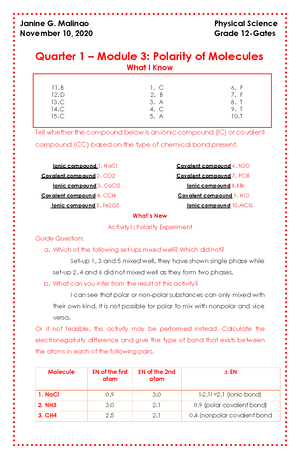 Physical Science Module 4 - Quarter 1 – Module 4: Polarity of Molecules ...