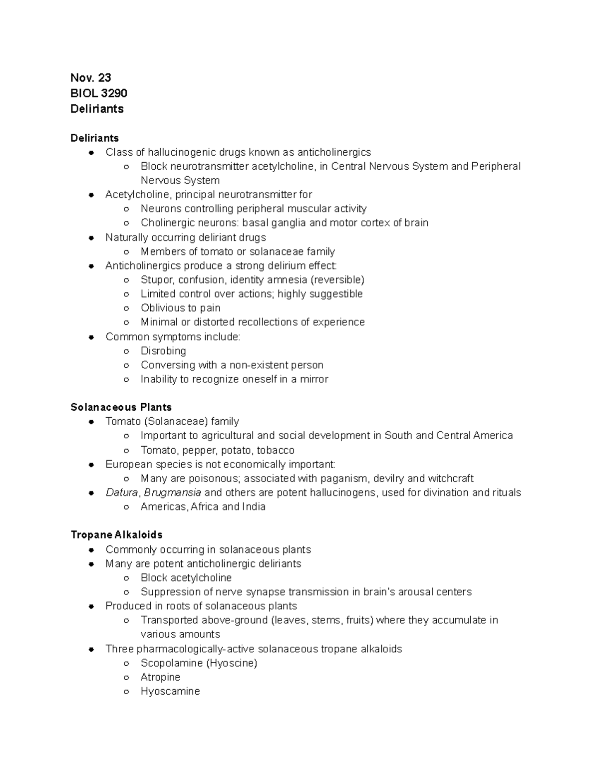 Nov. 23 - Lecture notes Nov 23 - Nov. 23 BIOL 3290 Deliriants ...