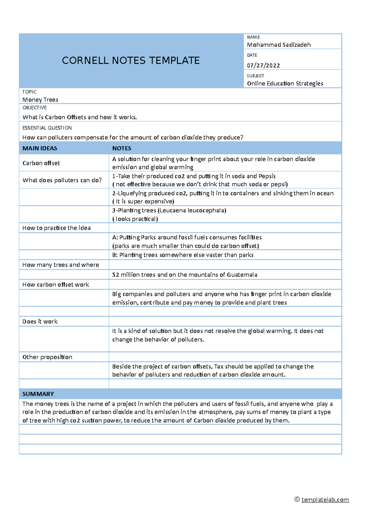 Cornell Notes -Money trees - CORNELL NOTES TEMPLATE NAME Mohammad ...