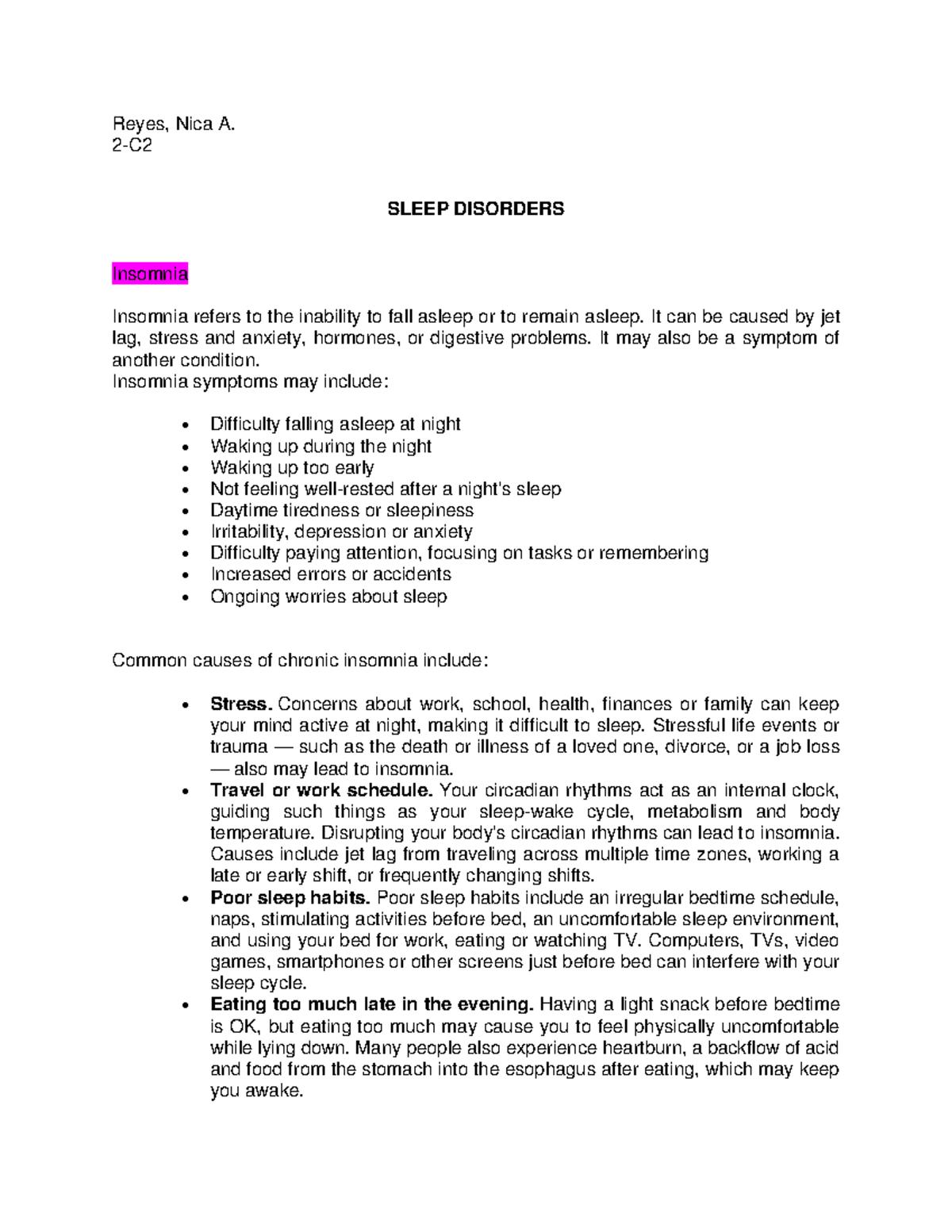 Sleep Disorders in our whole body system - Reyes, Nica A. 2- C SLEEP ...