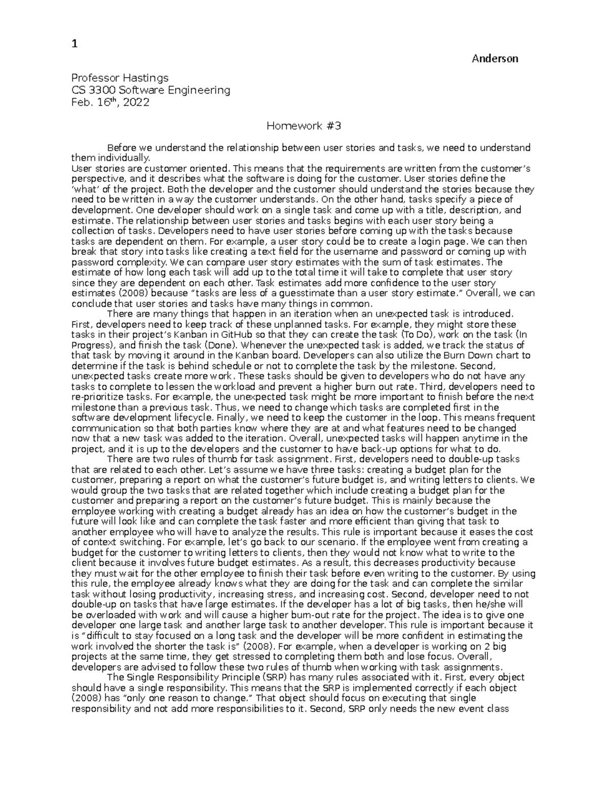 Anderson CS3300 HW3 - Software Engineering I - 1 Anderson Professor ...