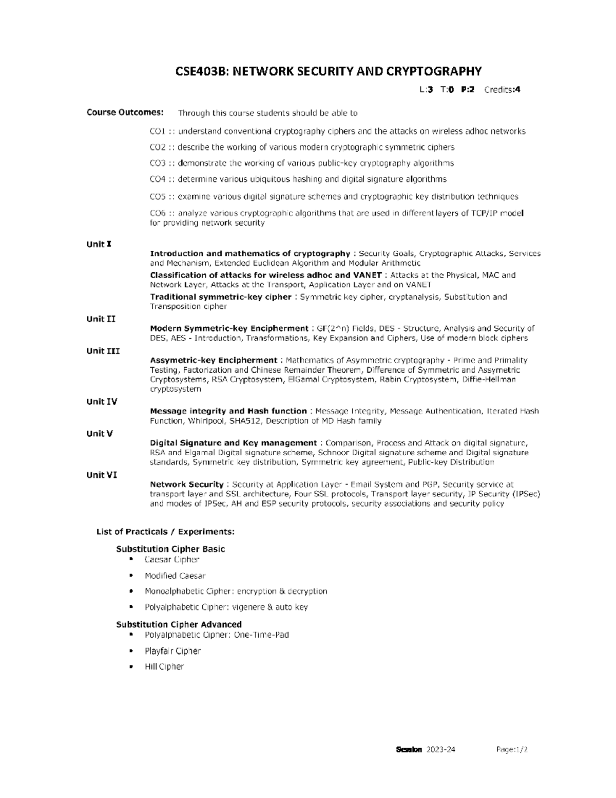 Cryptography syllabus 2024 lpu cse403 - CSE403B: NETWORK SECURITY AND CRYPTOGRAPHY L:3 T:0 P:2 ...