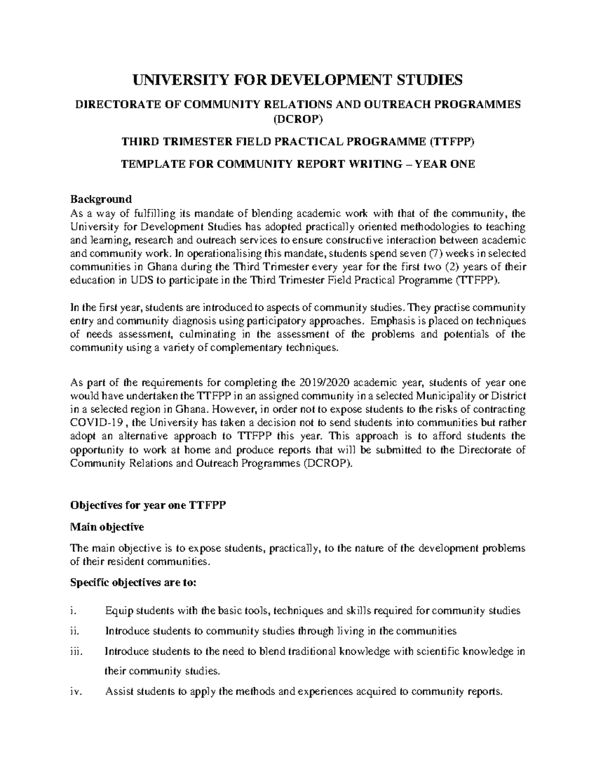 2019-2020 Ttfpp Student Template YEAR 1 - UNIVERSITY FOR DEVELOPMENT ...