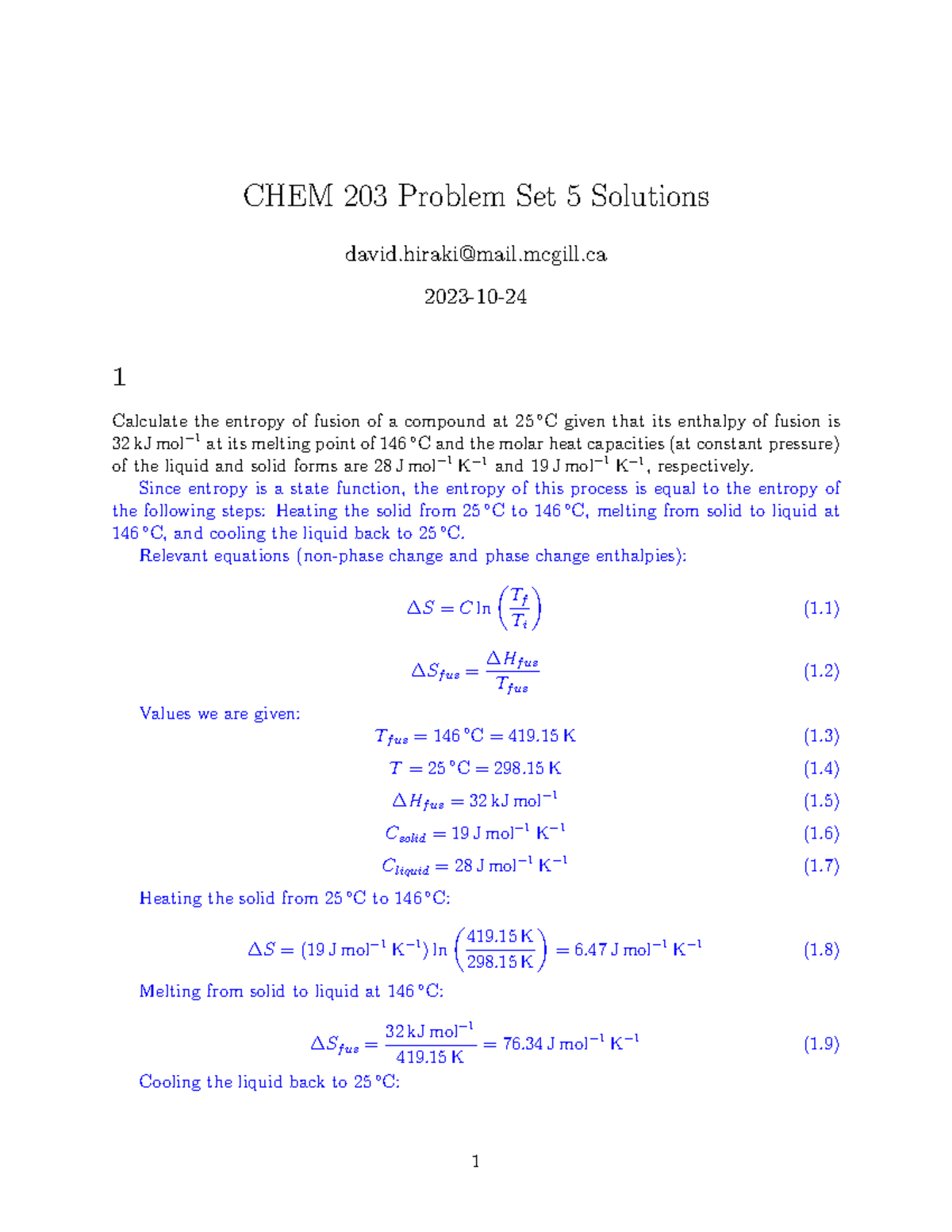 CHEM 203 Problem Set 5 Solutions - CHEM 203 Problem Set 5 Solutions david@mail.mcgill 2023-10- 1 ...