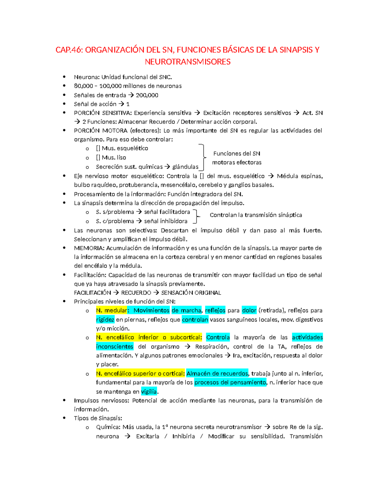 CAP. 46 - resumen del capitulo 46 de fisiologia guyton - CAP: ORGANIZACIÓN DEL SN, FUNCIONES ...