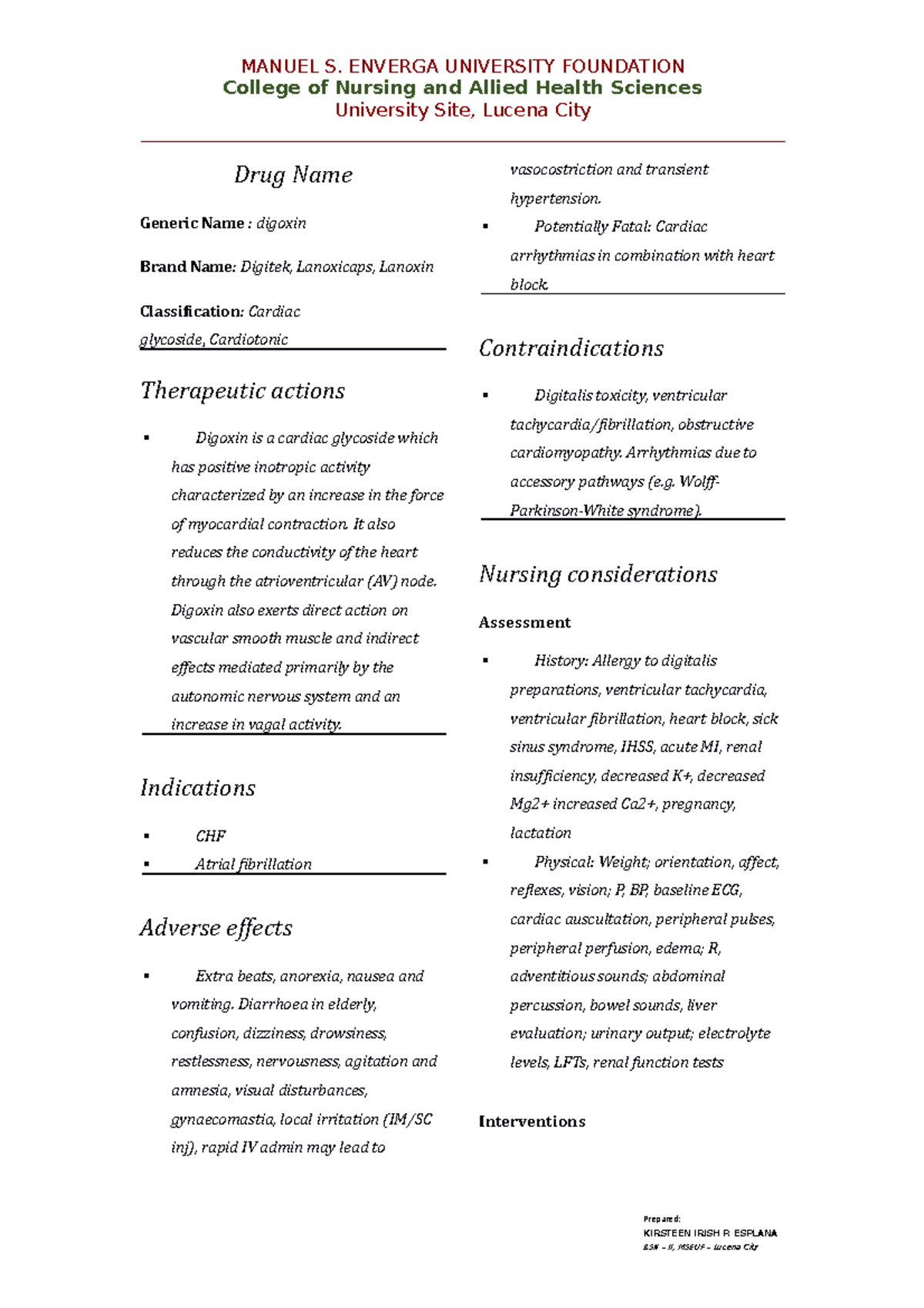 Digoxin - DRUG Study - MANUEL S. ENVERGA UNIVERSITY FOUNDATION College ...