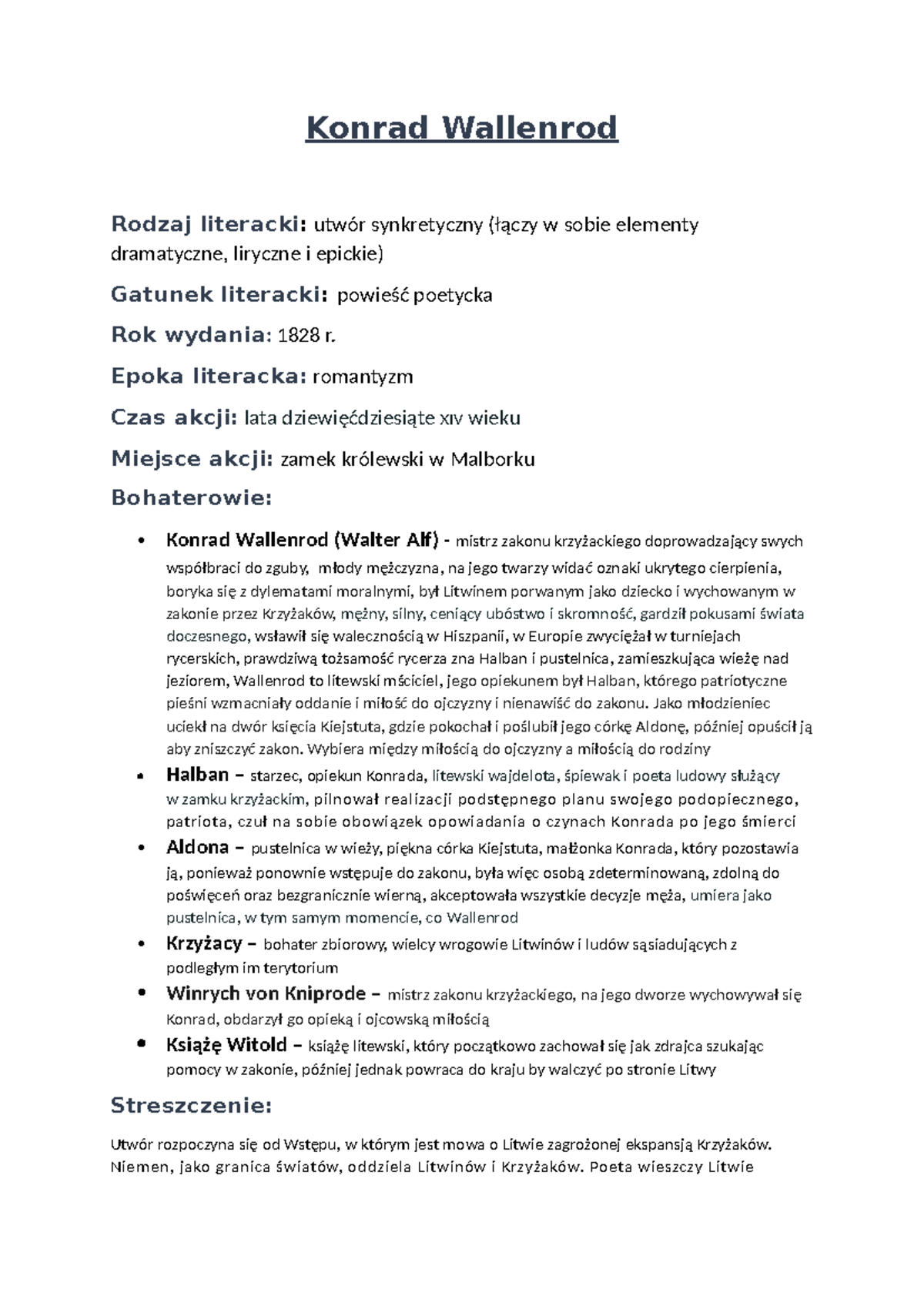 Konrad Wallenrod - Opracowanie lektury - Konrad Wallenrod Rodzaj ...