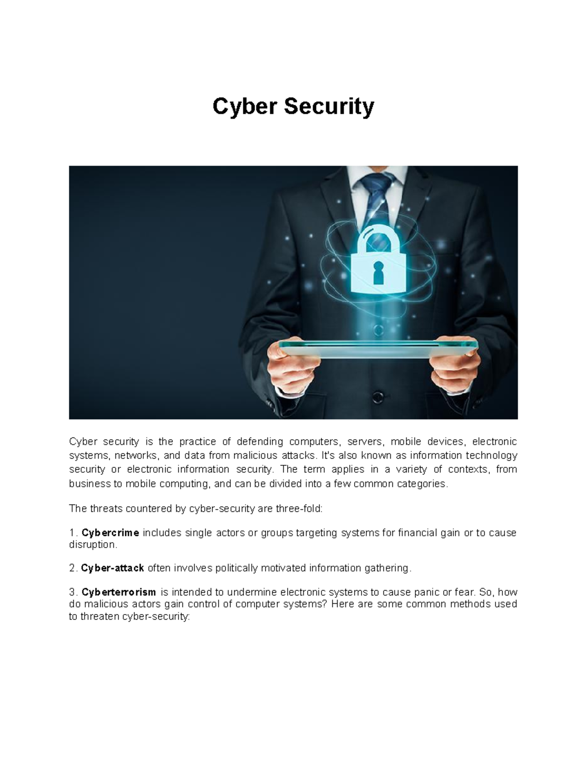 Cyber Security - Basic info - Cyber Security Cyber security is the ...