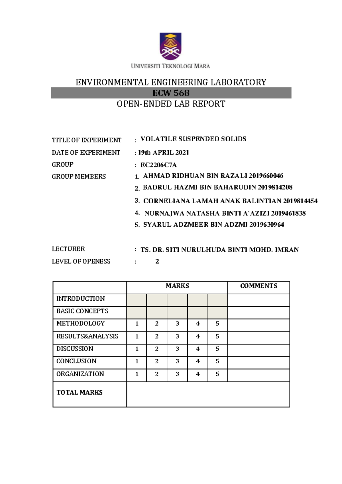 ECW568 VOLATILE SUSPENDED SOLIDS LABORATORY REPORT - ENVIRONMENTAL ENGINEERING LABORATORY ECW ...