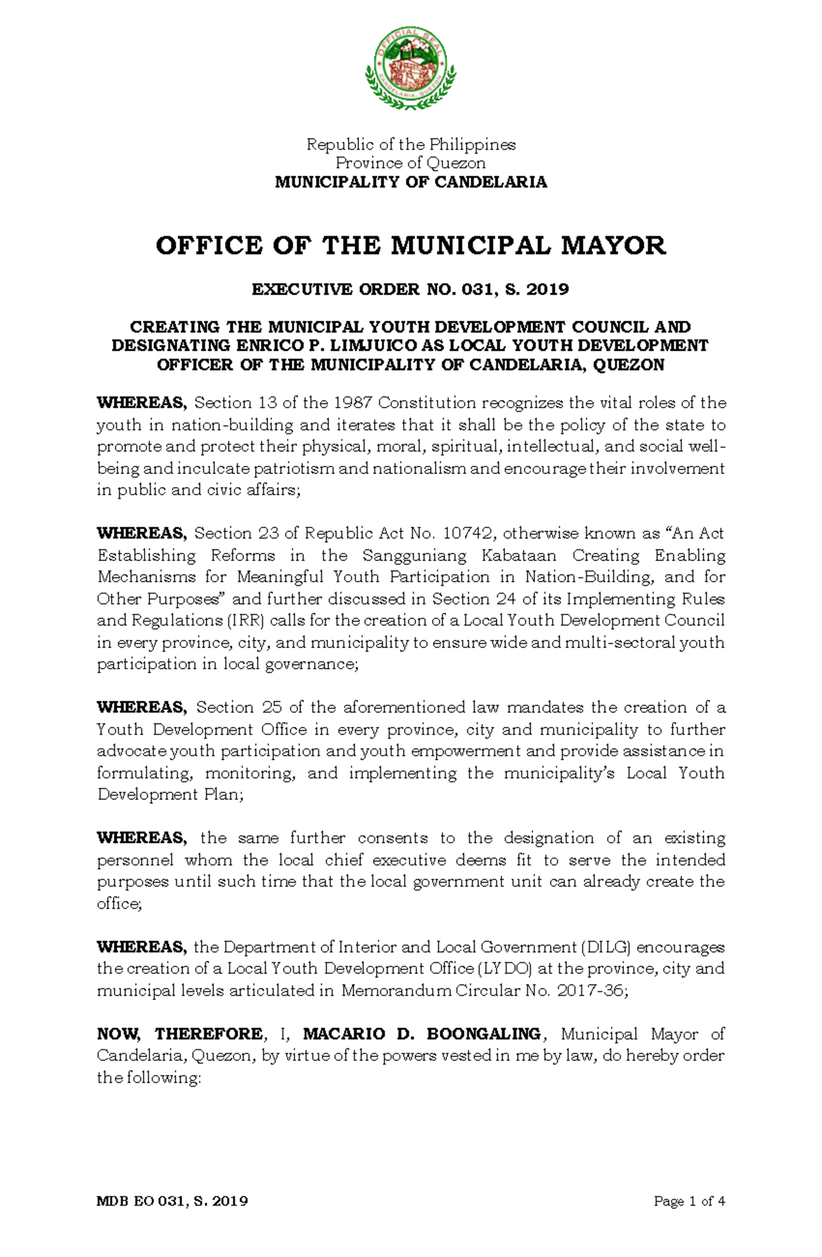 1.1-Executive-Order-031-S-2019 organizing LYDC - Republic of the ...