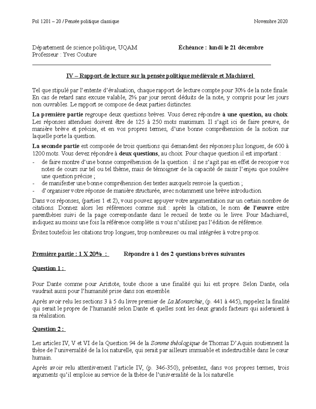 2020 4e rapport de lecture - Pol 1201 – 20 / Pensée politique classique ...