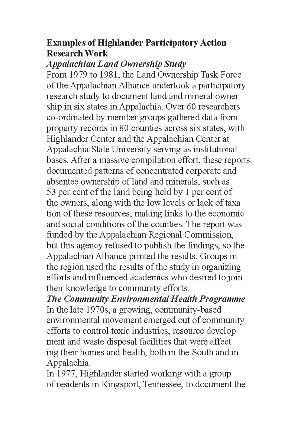 Examples of Highlander Participatory Action Research Work - Examples of ...