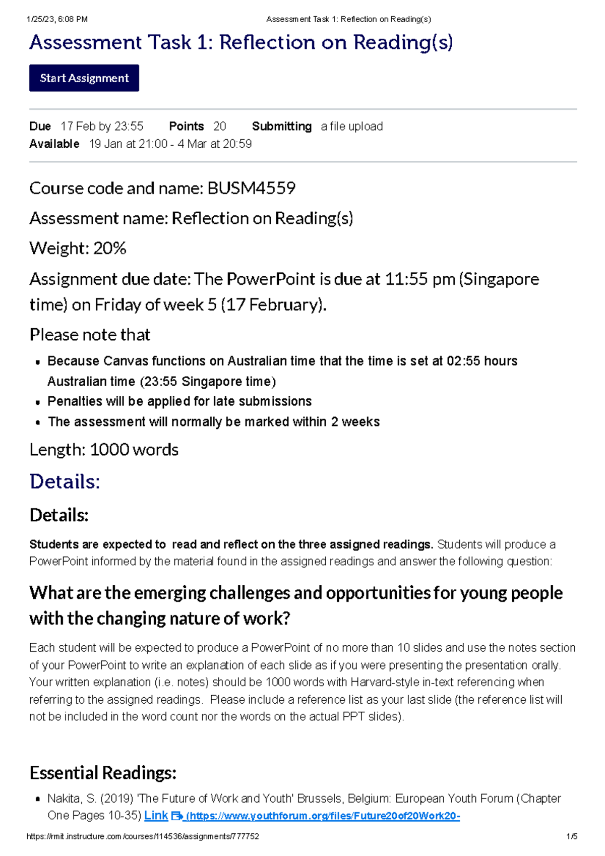 A1 WIGS - Assignment 1 - Assessment Task 1: Reflection on Reading(s) Due 17 Feb by 23:55 Points ...