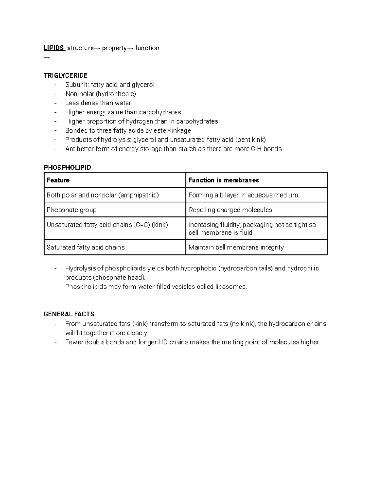 A LEVEL H2 BIOLOGY LIPIDS NOTES - LIPIDS structure→ property→ function ...