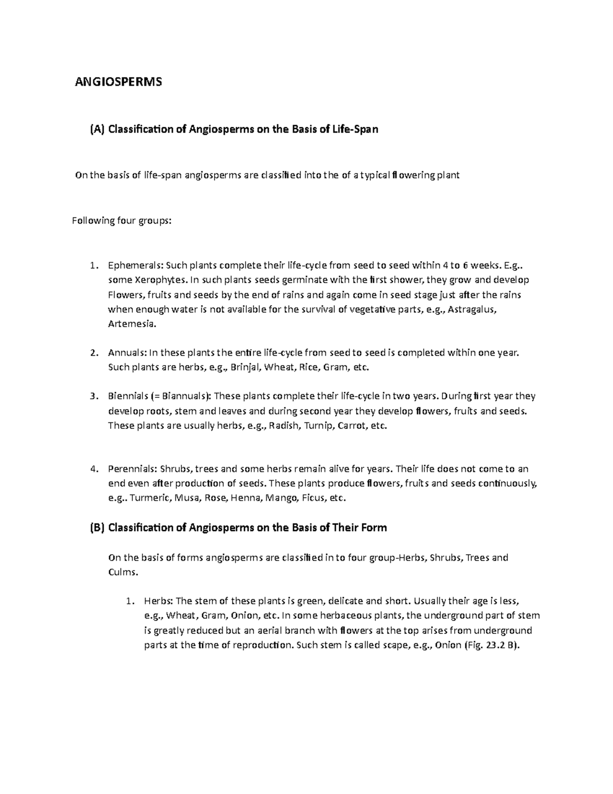 Classification of Angiosperms on the Basis of Life-Span - E.. some ...