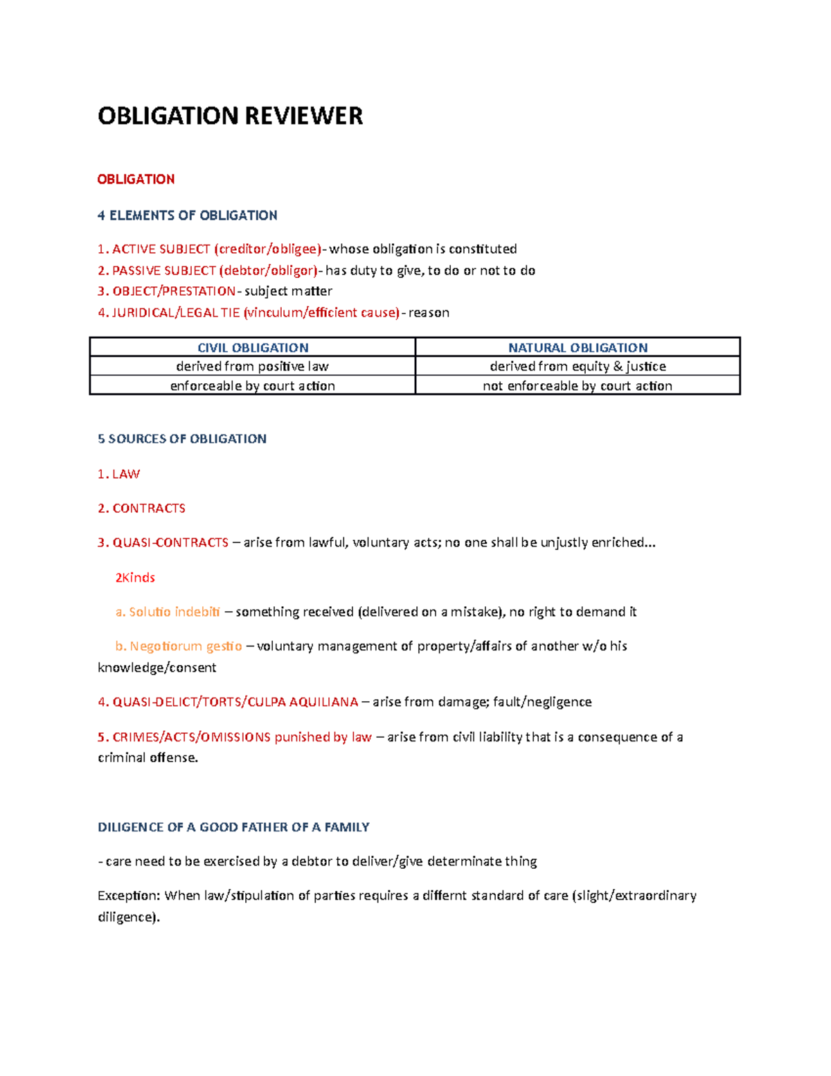 Obligation AND Contract Reviewer - OBLIGATION REVIEWER OBLIGATION 4 ELEMENTS OF OBLIGATION ...