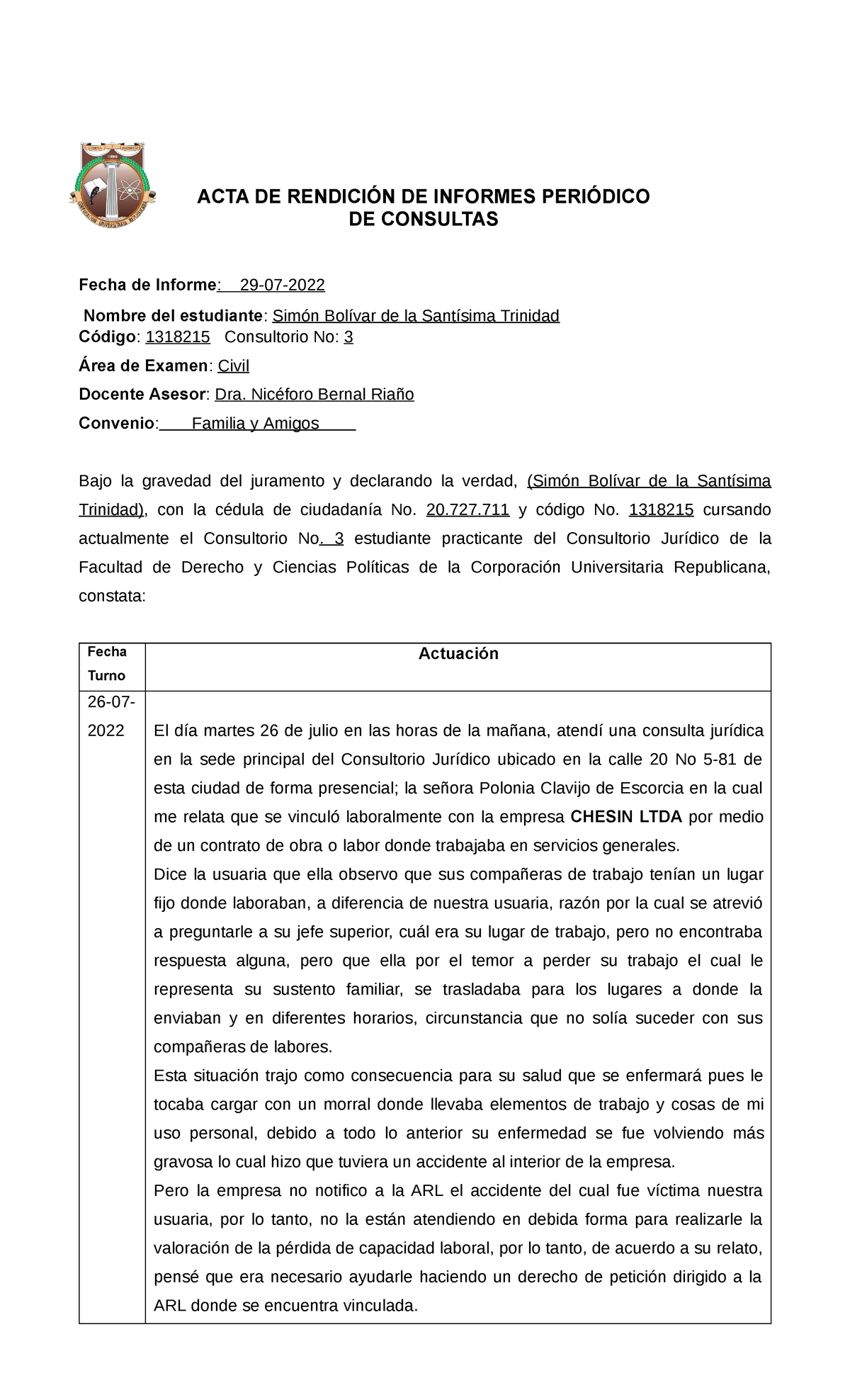 Ejemplo DE COMO Hacer EL Informe - ACTA DE RENDICIÓN DE INFORMES ...