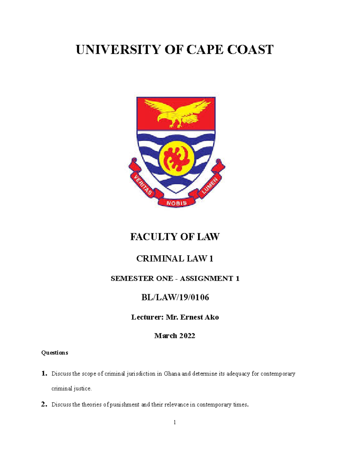 Criminal law assignment - UNIVERSITY OF CAPE COAST FACULTY OF LAW ...