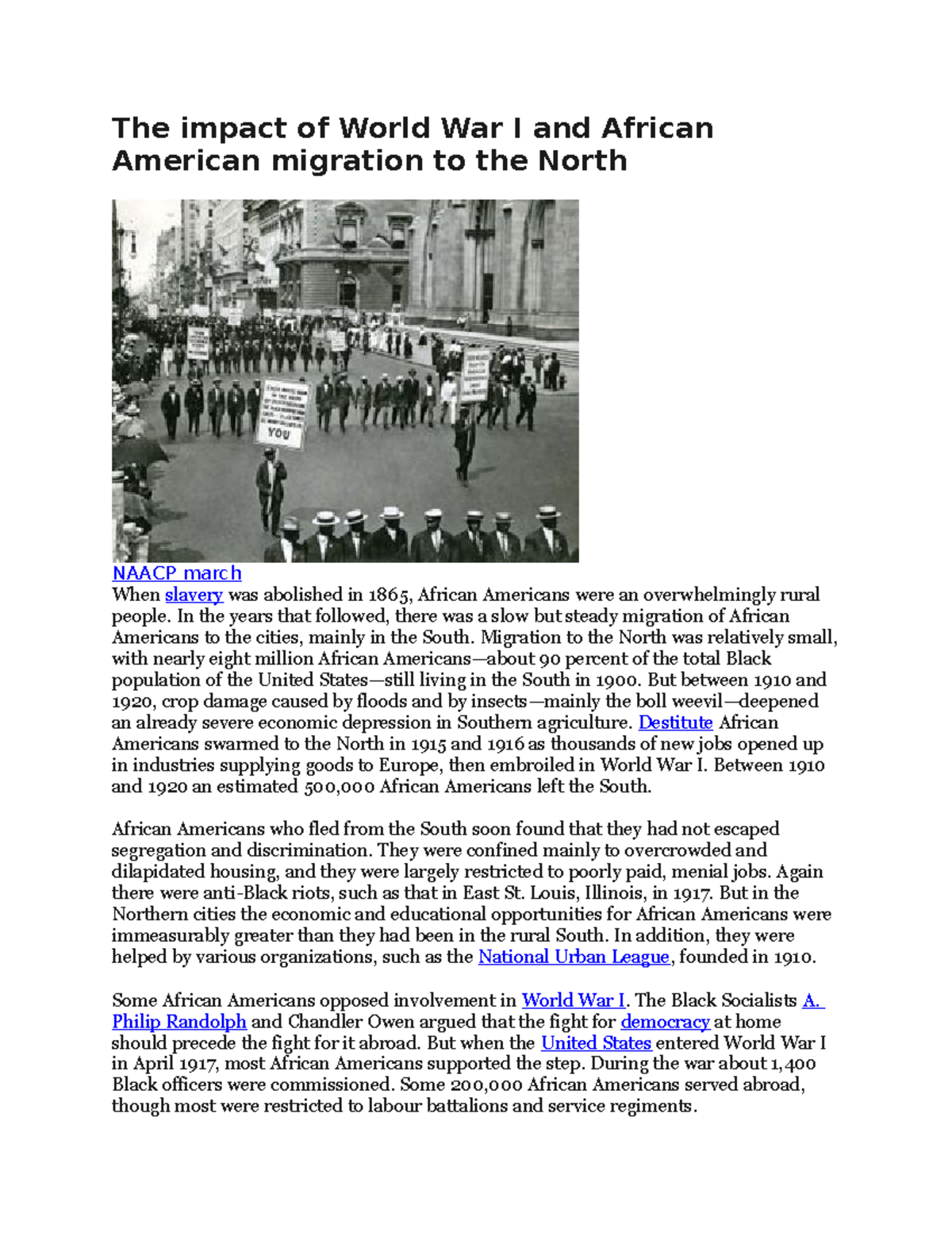 The impact of World War I and African American migration to the North ...