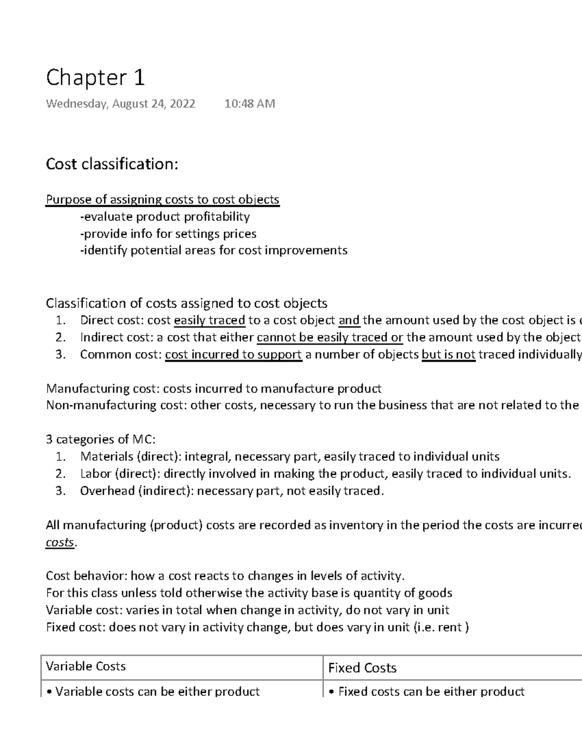 Acctg Chapter 1 - Cost classification: Purpose of assigning costs to ...