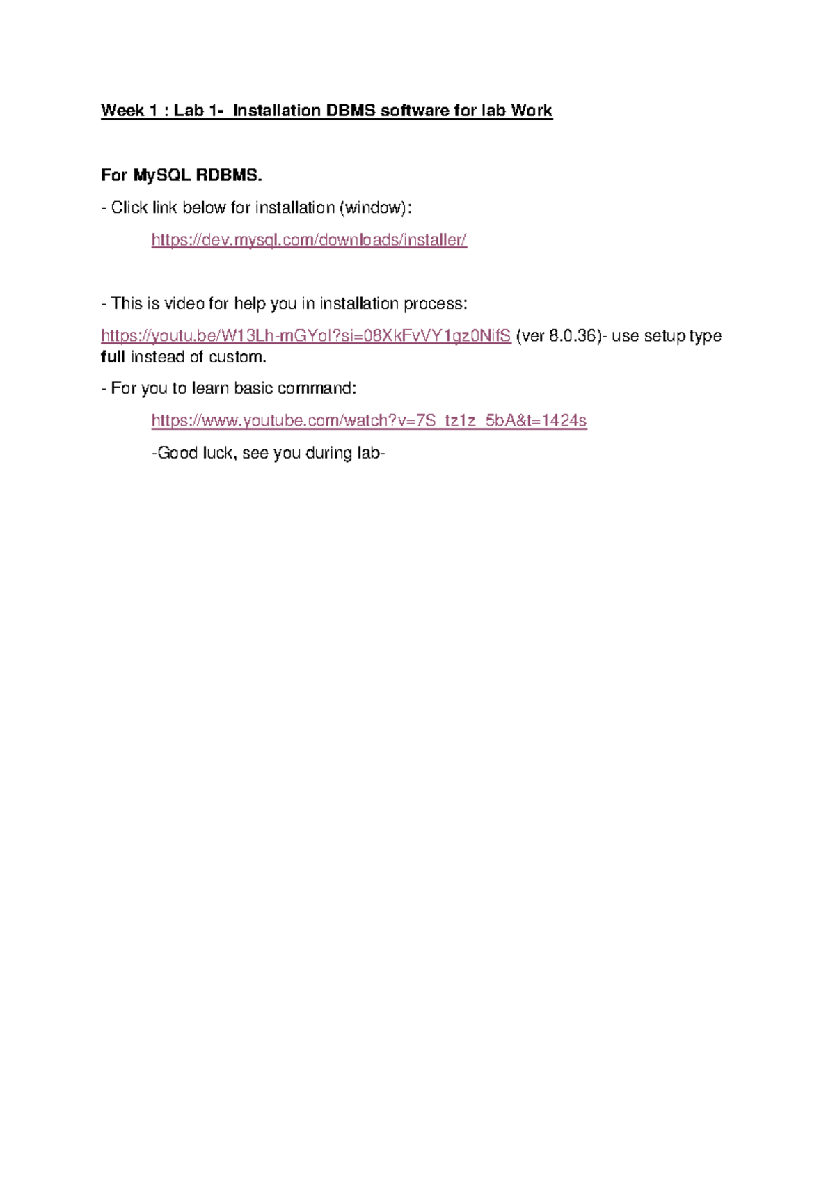 Lab 1 Software for lab installation Mac 2024 - Introduction To Database - Week 1 : Lab 1- - Studocu