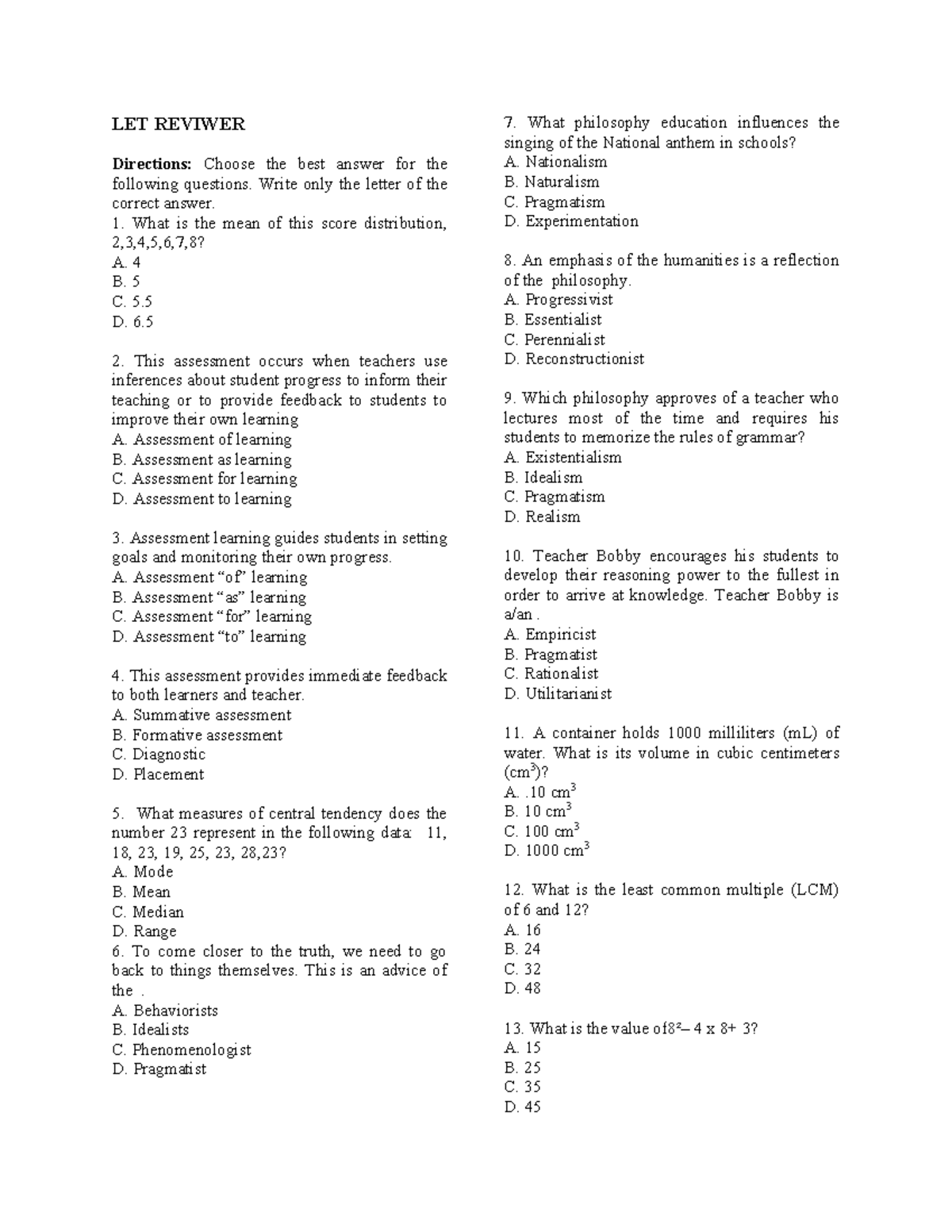 LET Reviwer - LET REVIEWER FOR GEN ED - LET REVIWER Directions: Choose ...