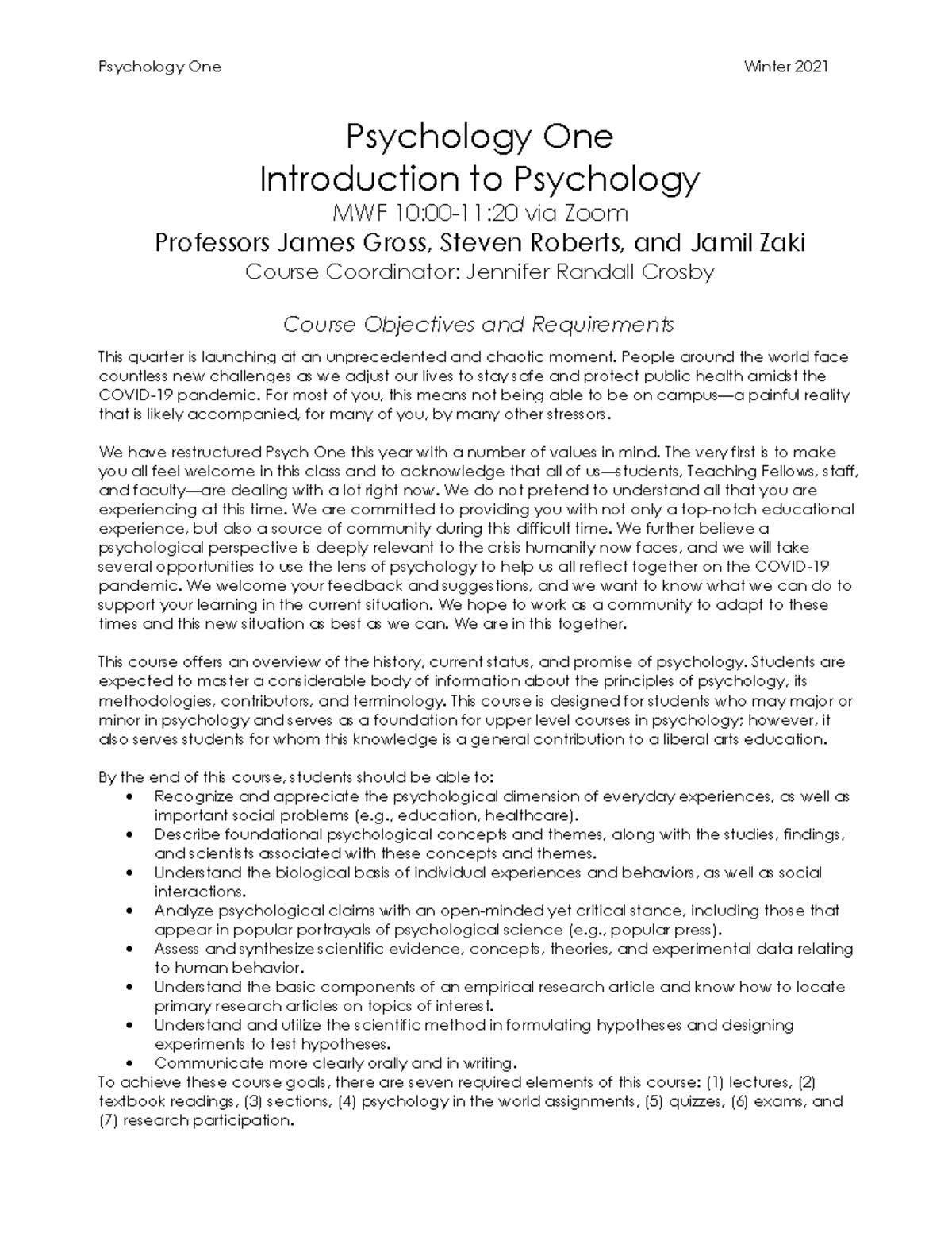 Winter 2021 Syllabus - Psychology One Introduction to Psychology MWF 10 ...