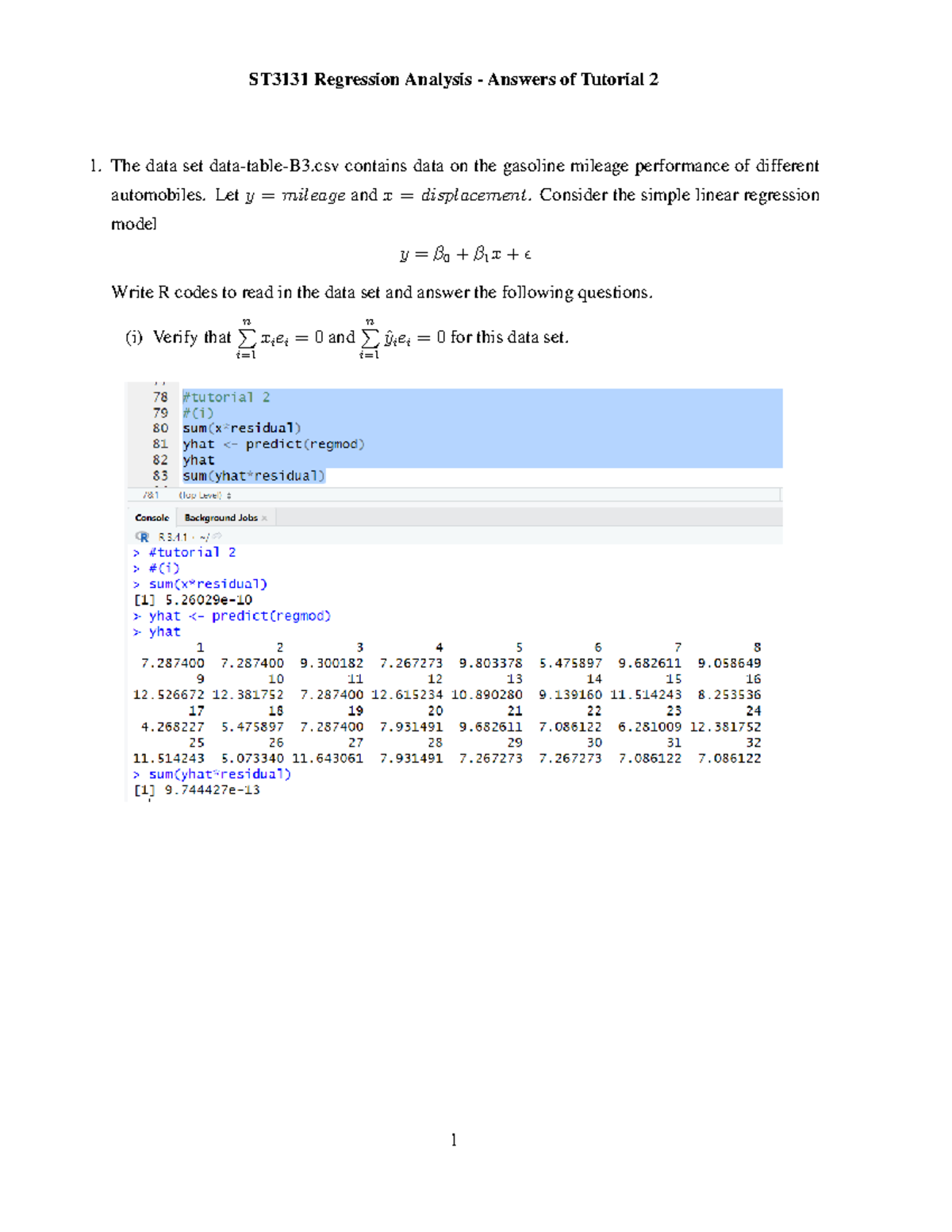 Tutorial 2 ans - ... - ST3131 Regression Analysis - Answers of Tutorial 2 The data set data ...