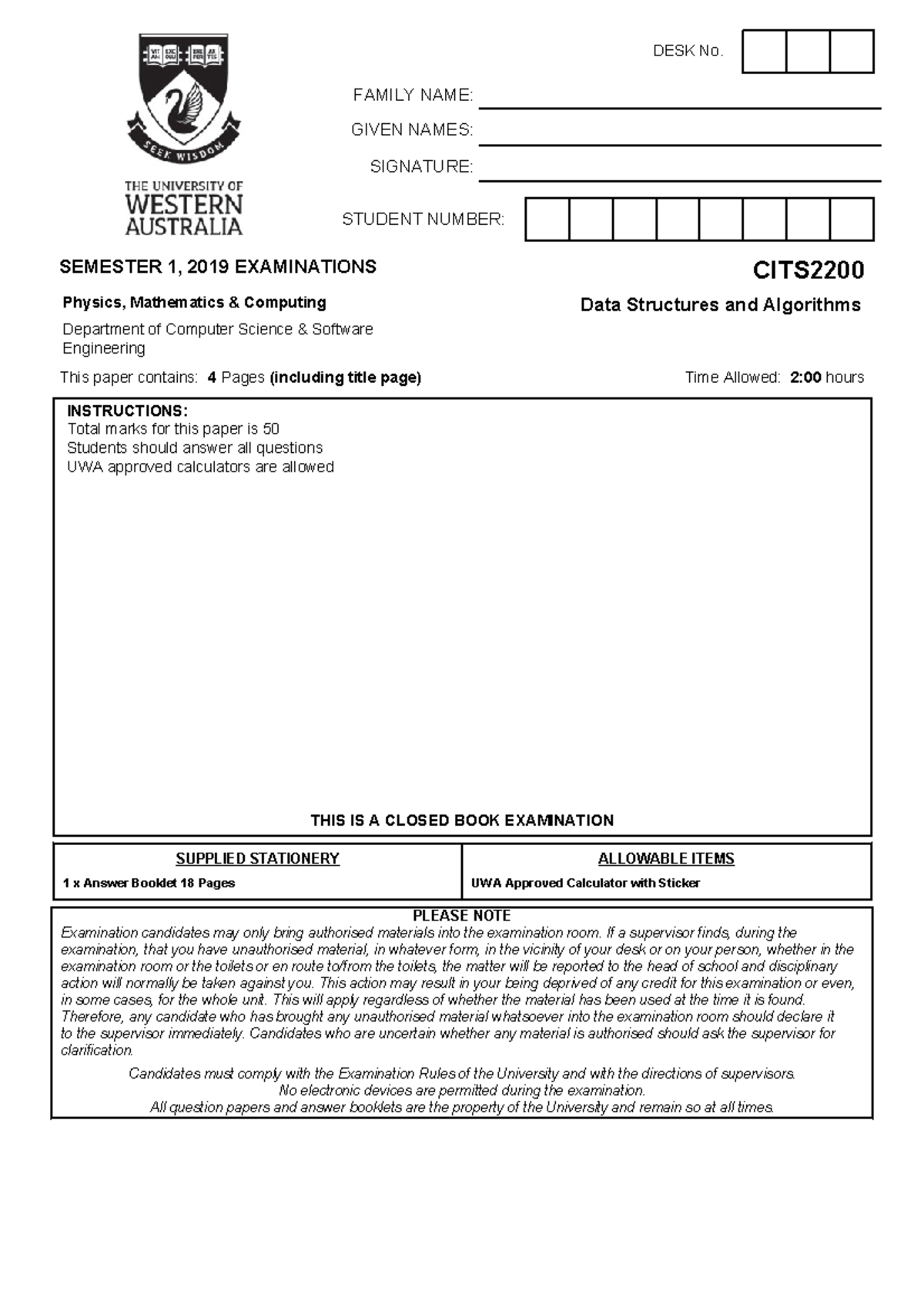 CITS2200 - Data Structures and Algorithms - Physics Mathematics and Computing - DESK No. FAMILY ...