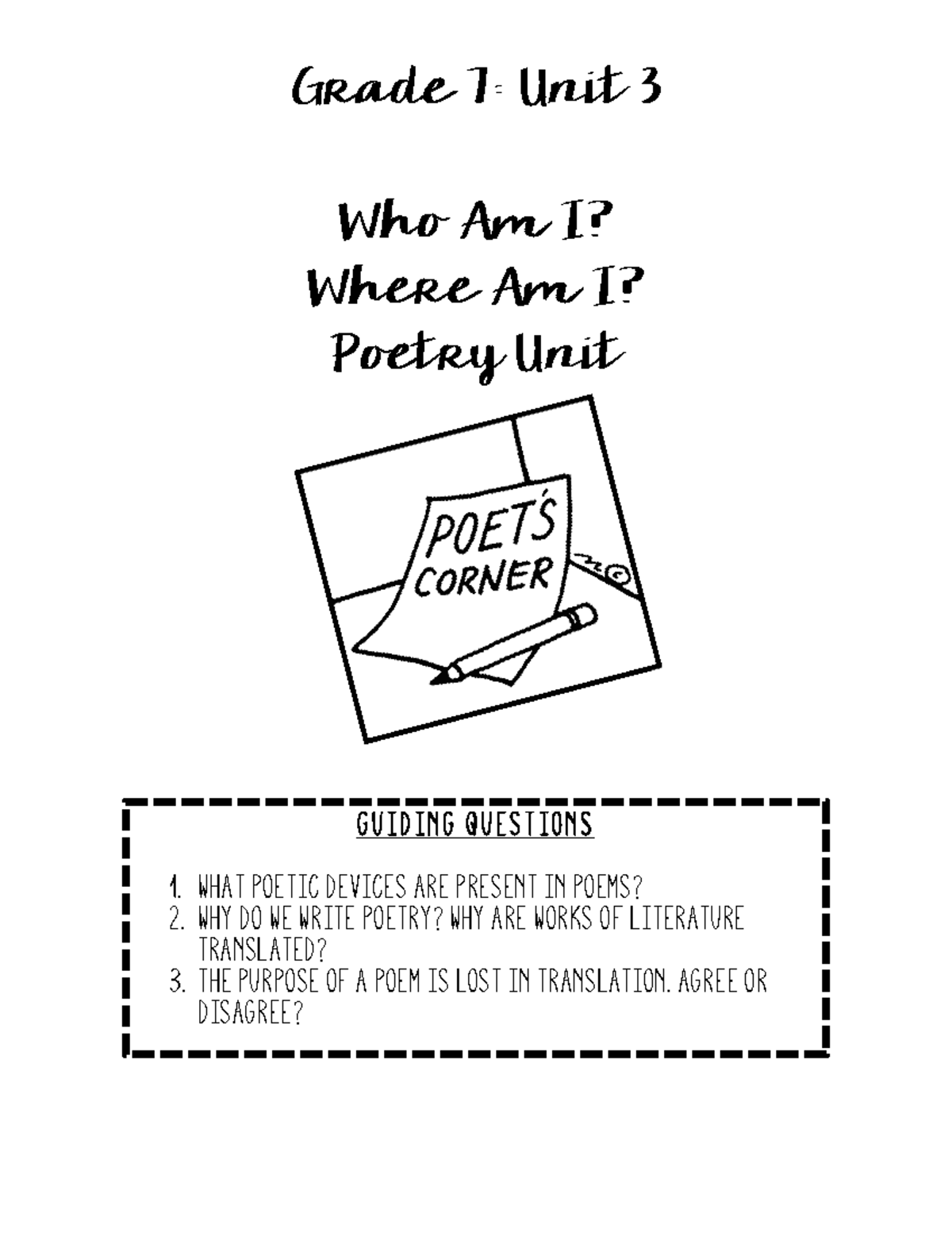 Grade 7 unit 3 materials - Grade 7: Unit 3 Who Am I? Where Am I? Poetry ...