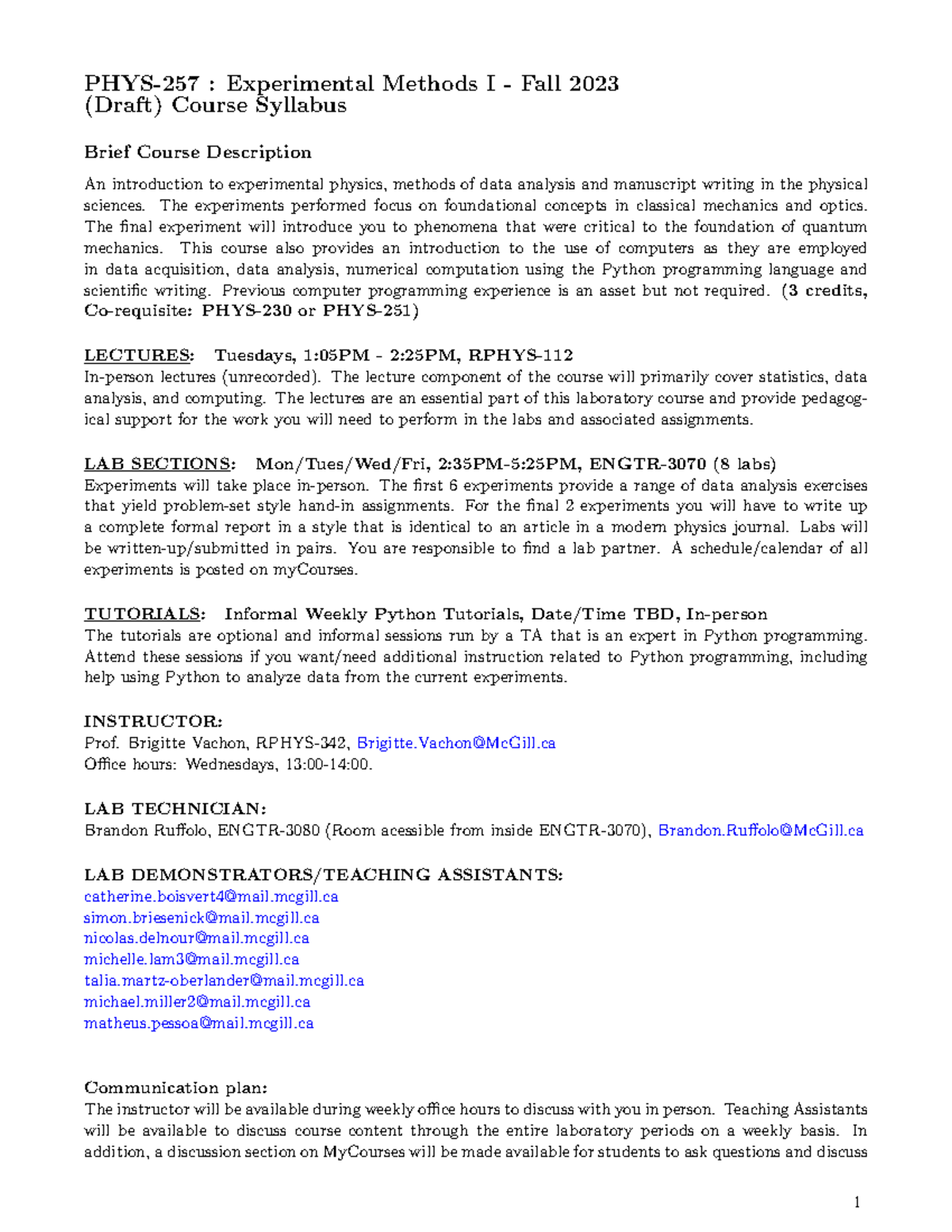 PHYS 257 Fall 2023 - Outline - PHYS-257 : Experimental Methods I - Fall 2023 (Draft) Course ...