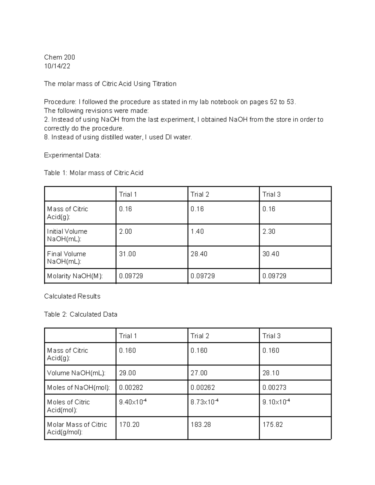 Molar mass citric acid lab - Chem 200 10/14/ The molar mass of Citric ...