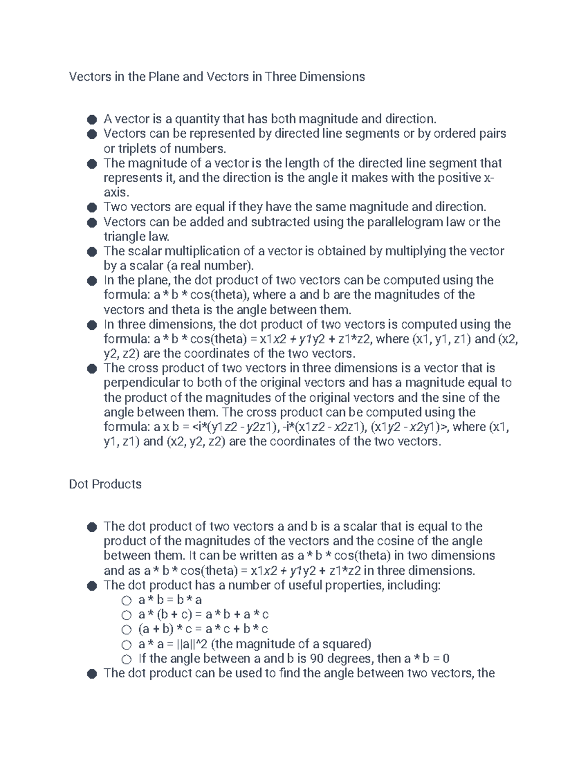 MA 162 Exam 1 Lecture Notes - Vectors in the Plane and Vectors in Three ...