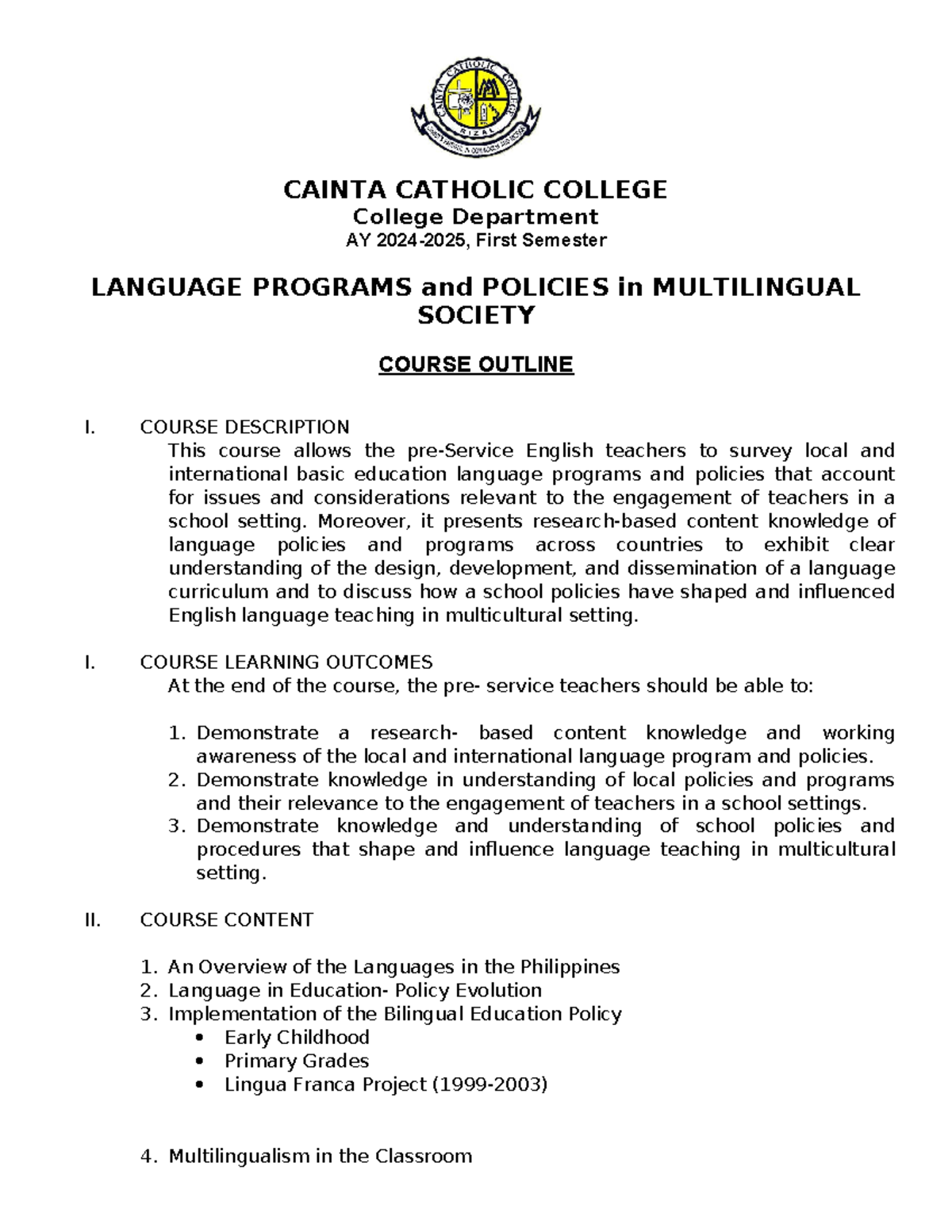 EL 211 Language Programs and Policies in Multilingual Society - CAINTA ...