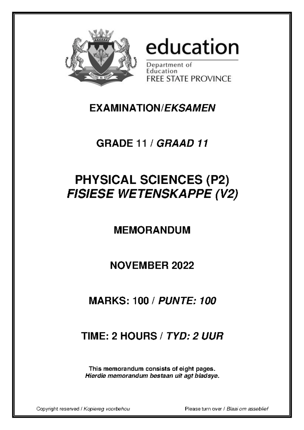 2022 FS Phy Sci Gr 11 Nov Exam P2 Memo - EXAMINATION/EKSAMEN GRADE 1 1 ...