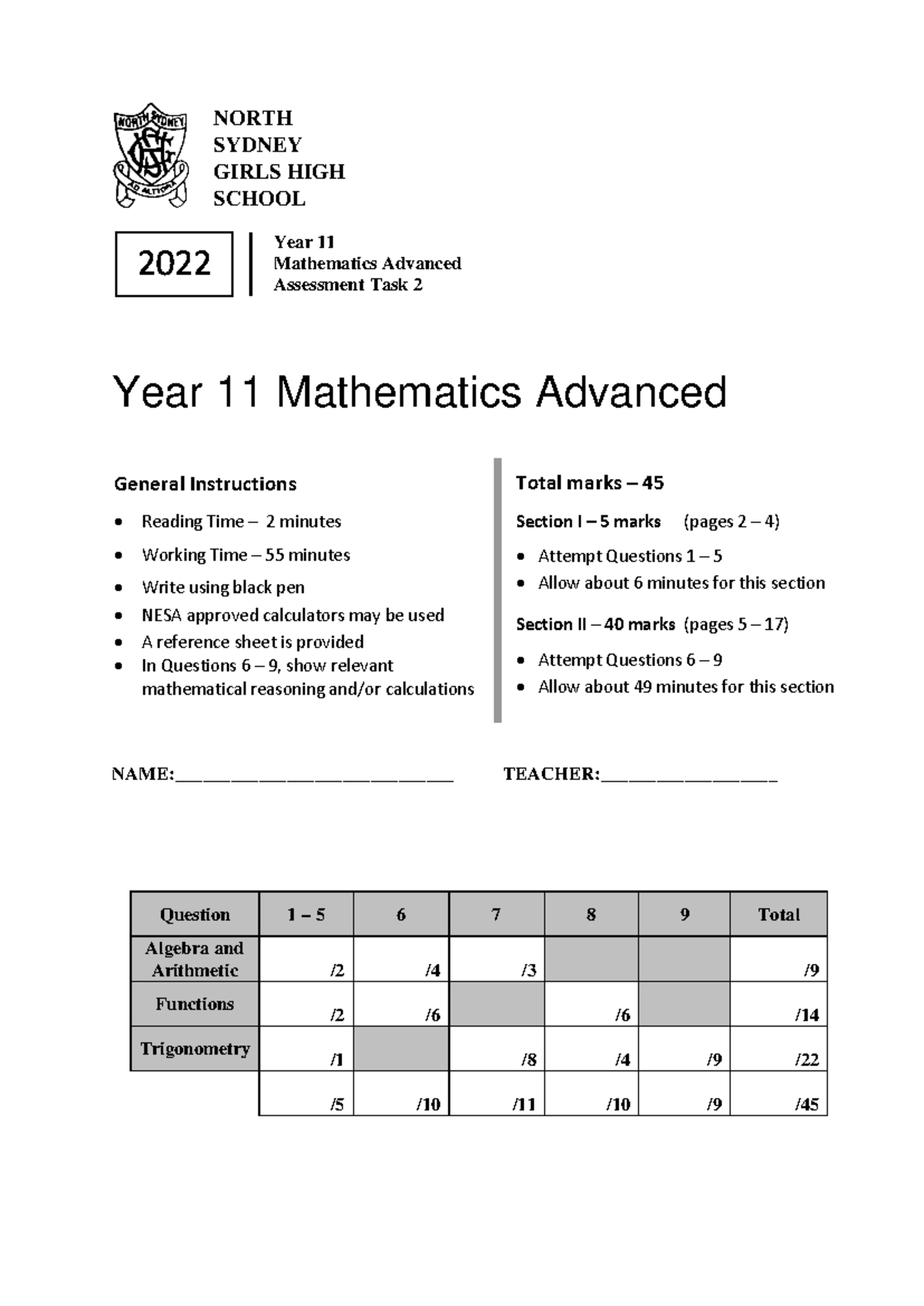 North Sydney Girls 2022 2U PT2 & Solutions - Year 11 Mathematics ...