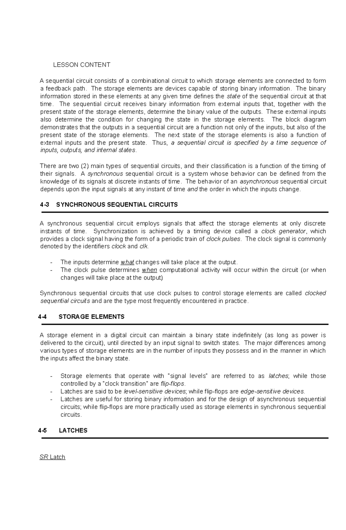 Logic Circuits and Switching - 4 - LESSON CONTENT A sequential circuit ...