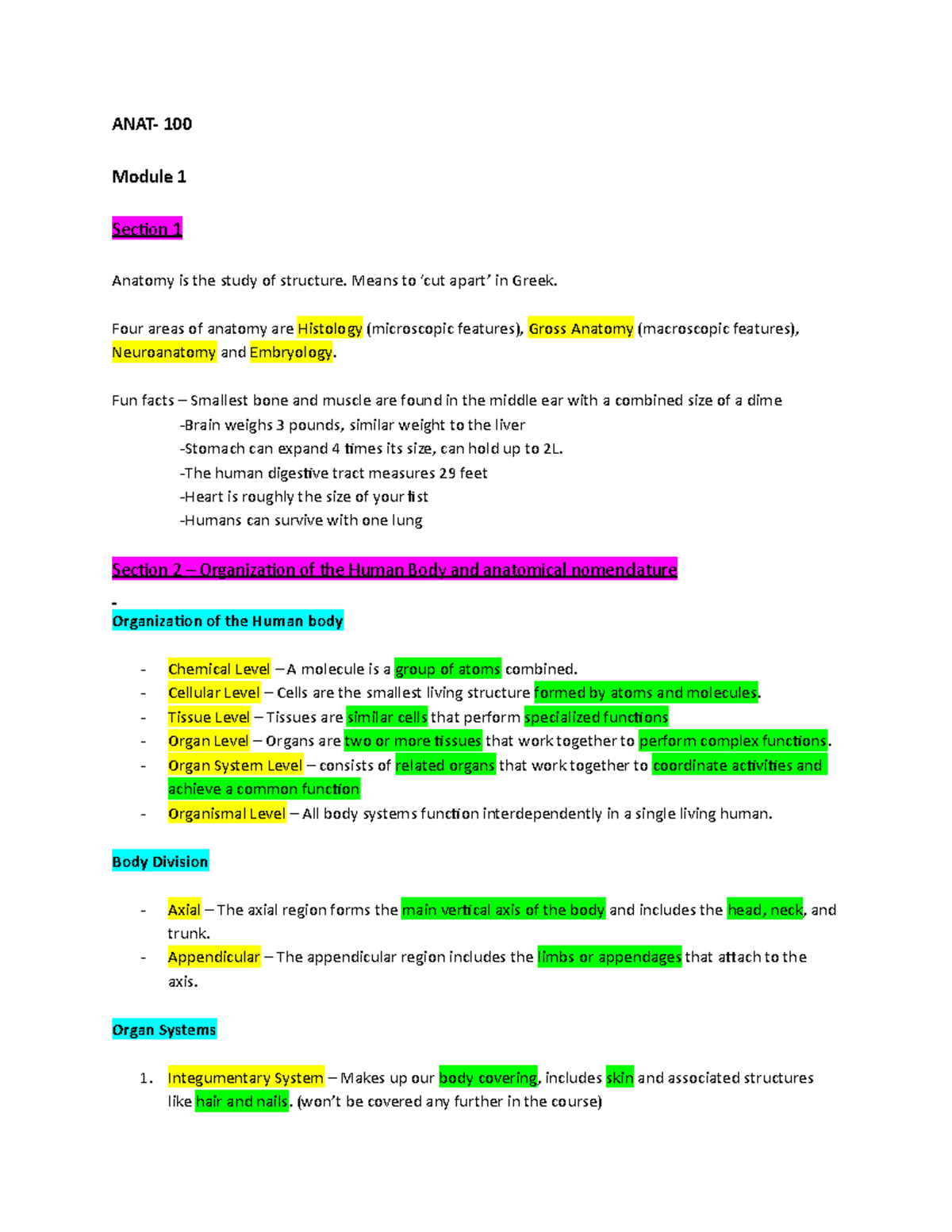 Module 1 Anatomy 100 Notes for Studying - Anat 101 - queensu - Studocu
