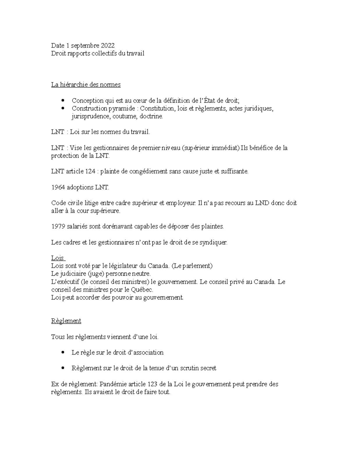 Cours 1 - Date 1 septembre 2022 Droit rapports collectifs du travail La ...