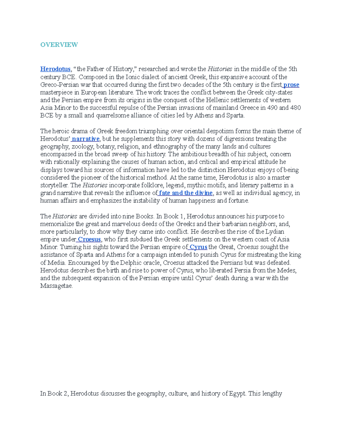 Herodotus overview - HIS 380 - OVERVIEW Herodotus, “the Father of History,” researched and wrote ...