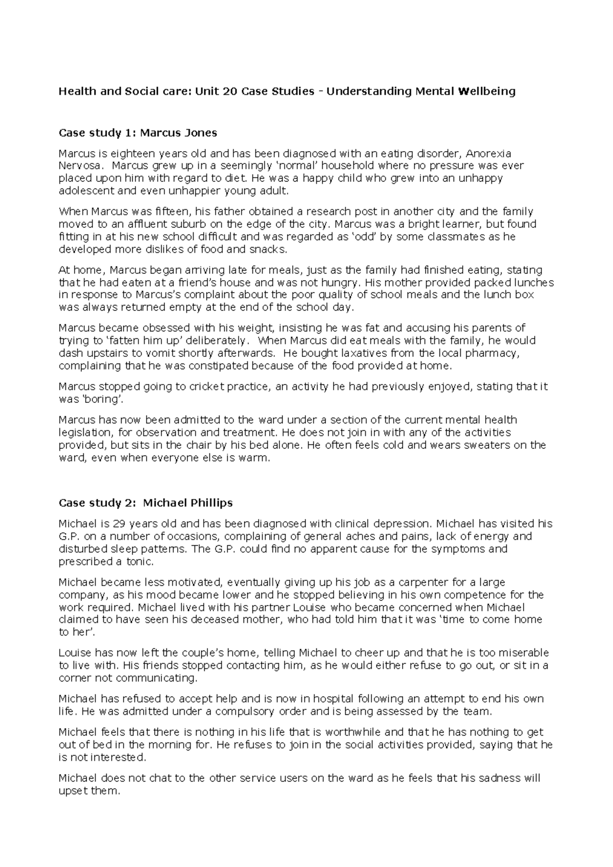 Unit 20 Case studies - Health and Social care: Unit 20 Case Studies ...