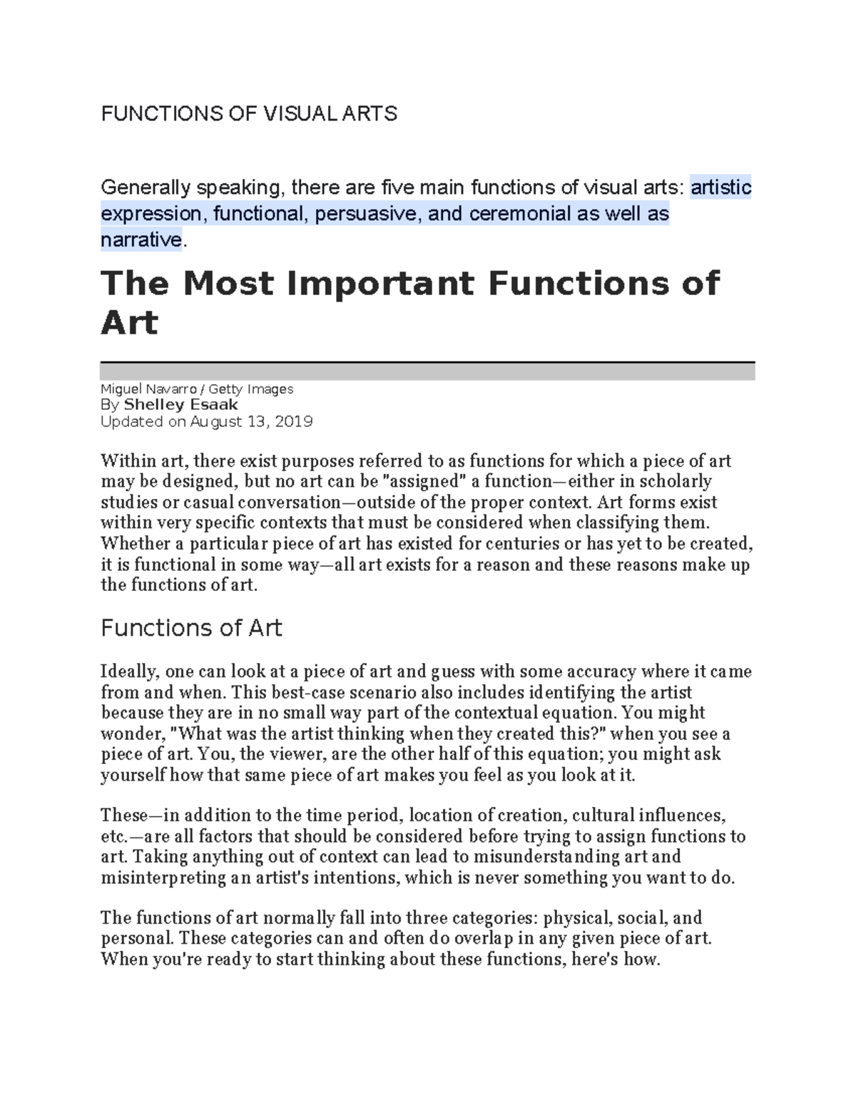 Functions-OF- Visual-ARTS - FUNCTIONS OF VISUAL ARTS Generally speaking, there are five main ...