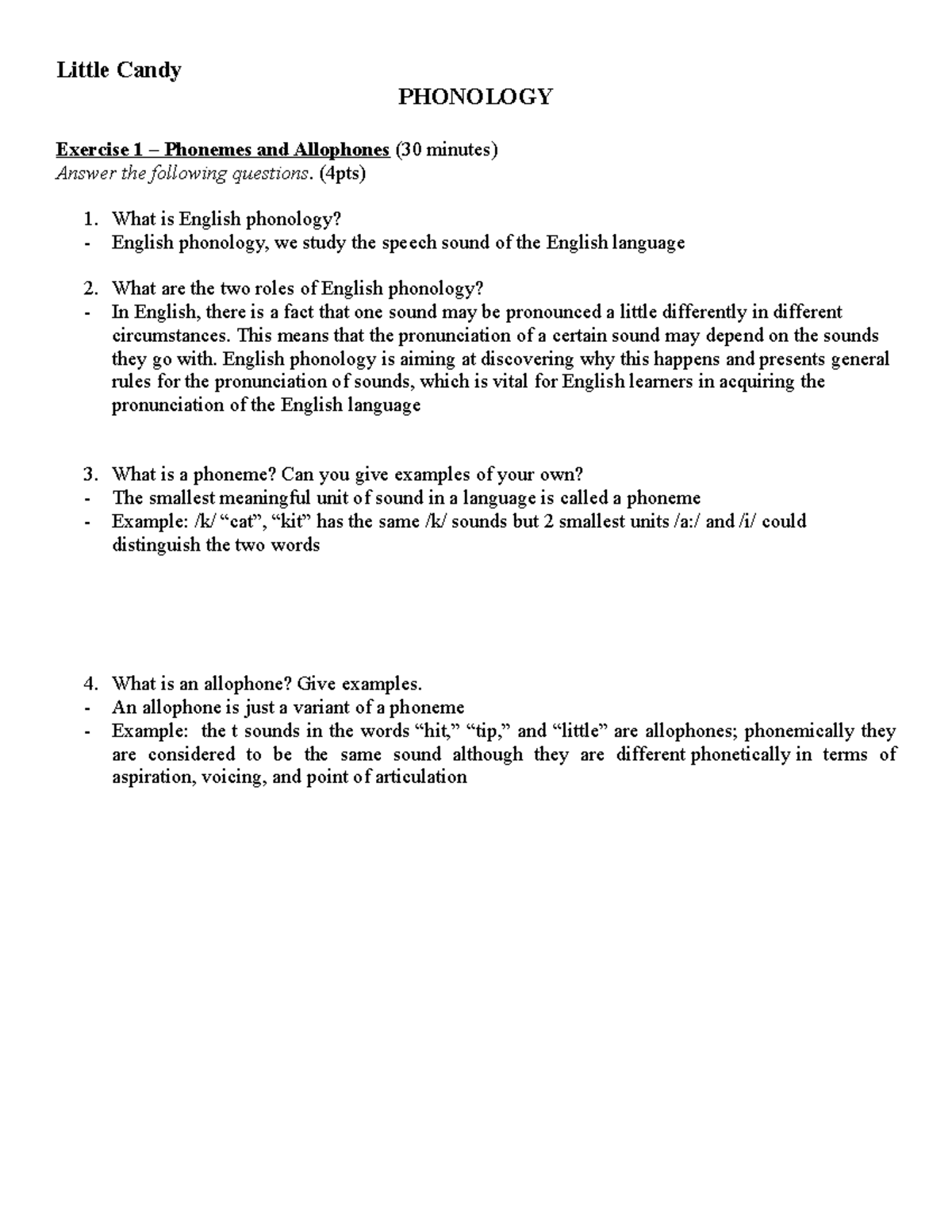 M6 - Exercise 1 - Phonemes and Allophones - Little Candy PHONOLOGY ...