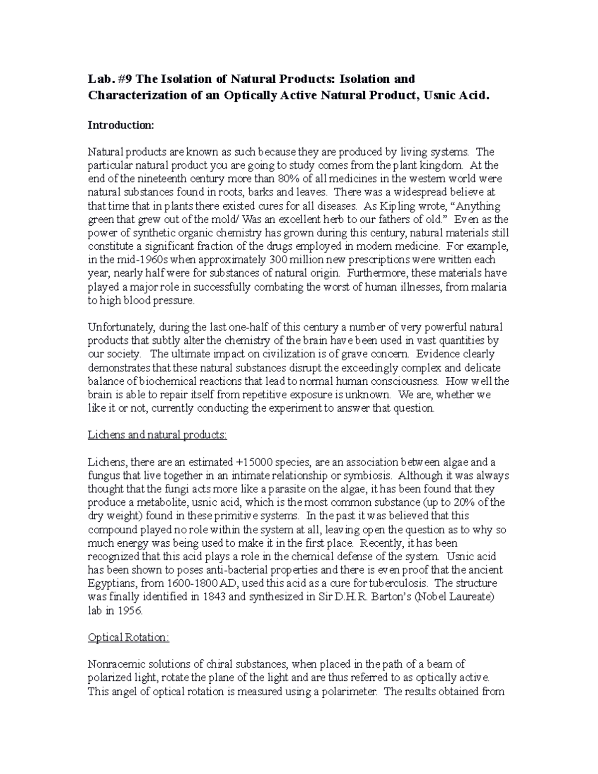 Lab9 - lab - Lab. #9 The Isolation of Natural Products: Isolation and ...