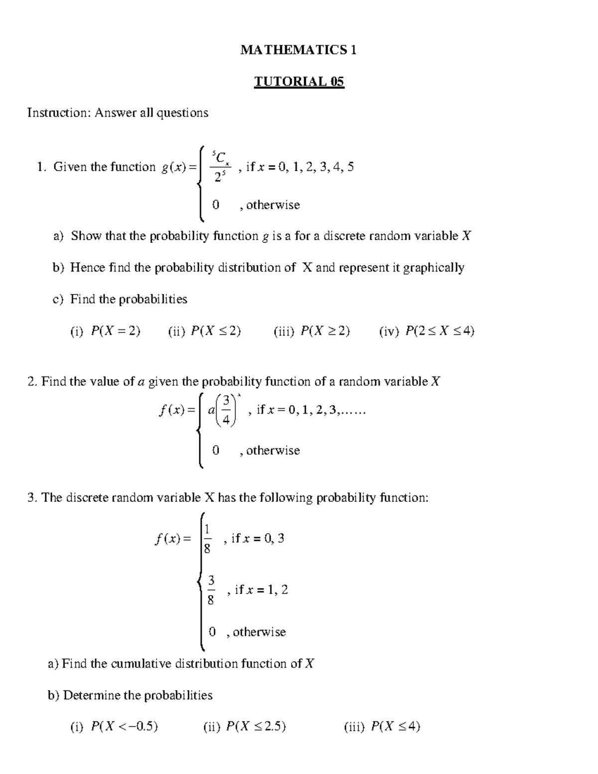 Tutorial 5 - abc - MATHEMATICS 1 TUTORIAL 05 Instruction: Answer all ...