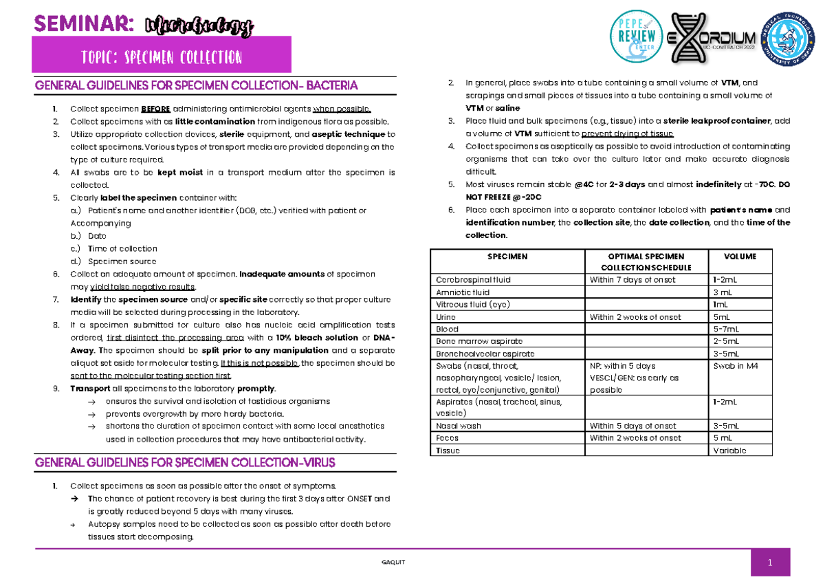 Topic 2- Specimen Collection - : Microbiology GENERAL GUIDELINES FOR ...