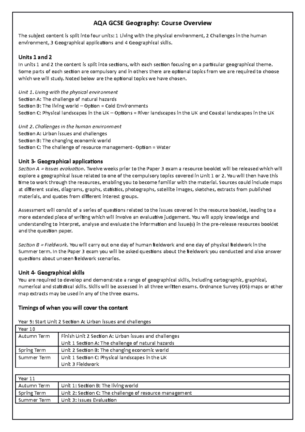 AQA GCSE Course Overview - AQA GCSE Geography: Course Overview The ...