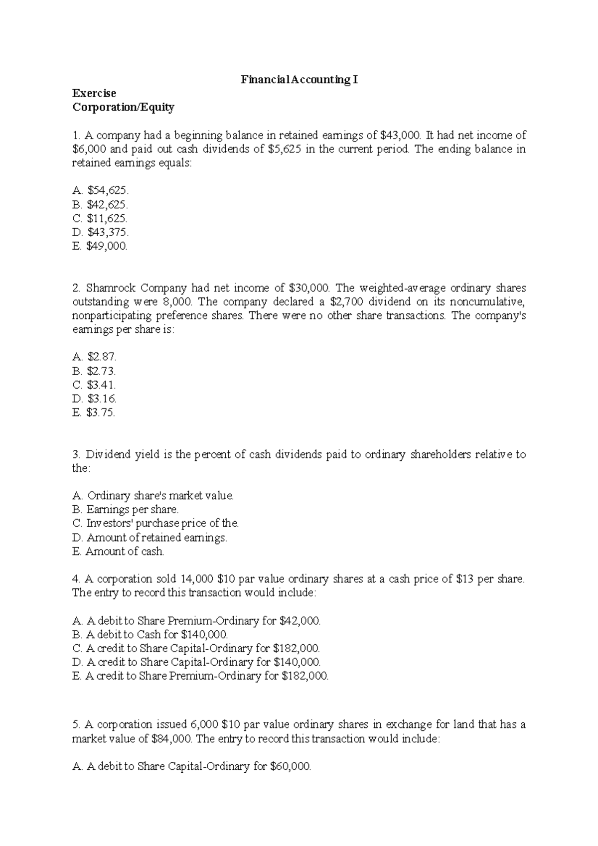 Equity exercise - ACCOUNTING - Financial Accounting I Exercise ...