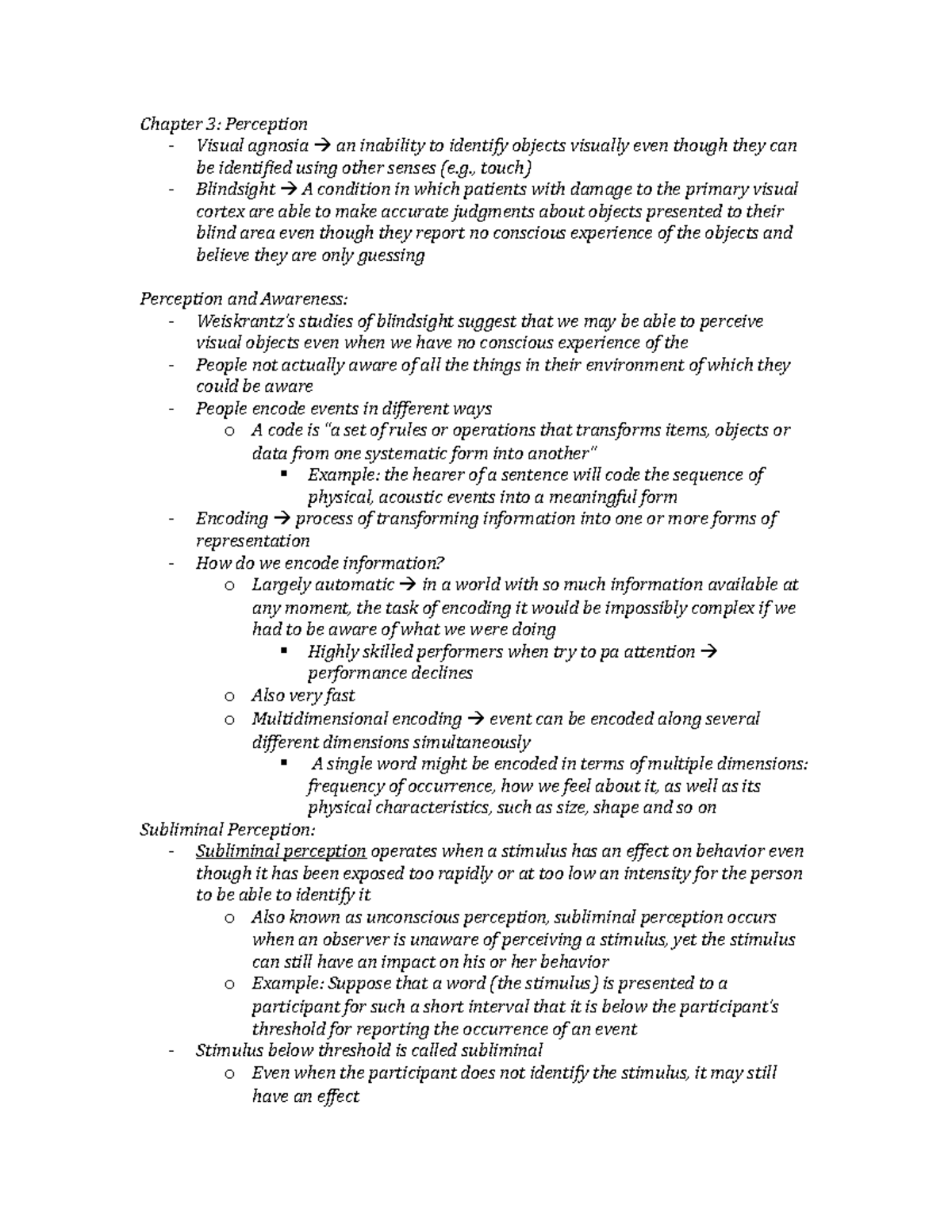 Lecture Notes, Chapters 1-6 - Chapter 3: Perception - Visual agnosia an ...